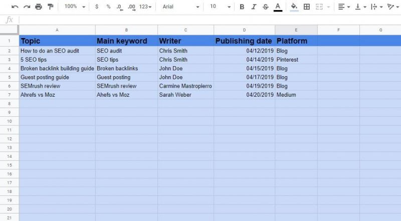 Content calendar example 1 - Carmine Mastropierro