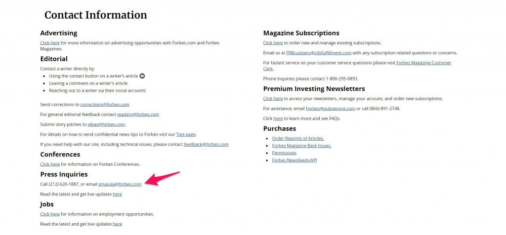 Forbes contact page - Carmine Mastropierro
