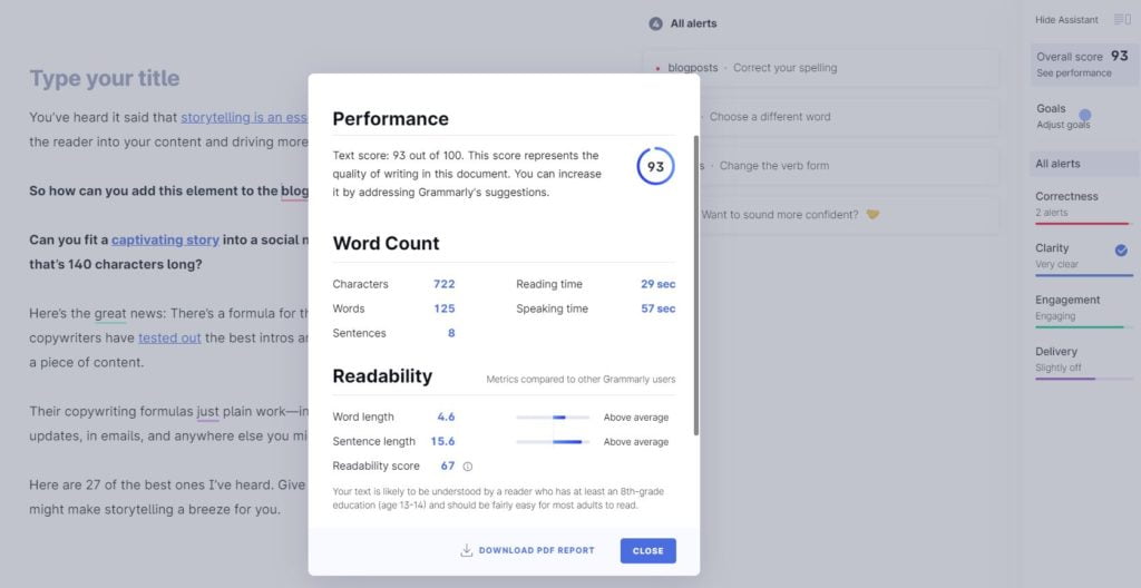 Grammarly performance score - Carmine Mastropierro