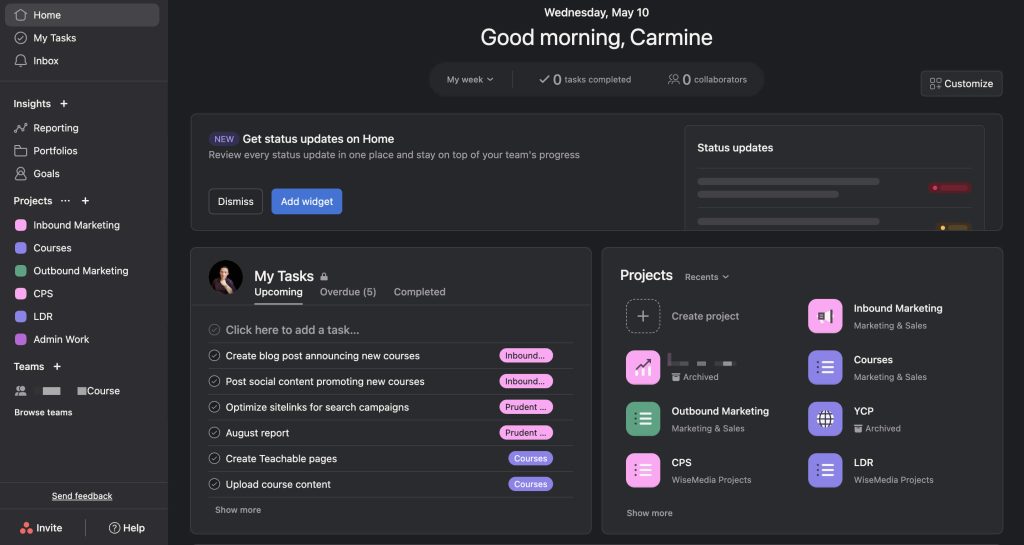Asana dashboard example - Carmine Mastropierro